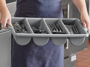 Choice Gray 4-Compartment Plastic Cutlery Box / Flatware Bin with Handles
