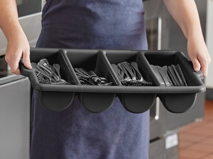 Choice Black 4-Compartment Plastic Cutlery Box / Flatware Bin with Handles
