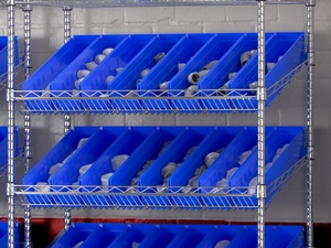 Regency 18" x 36" Mobile Slanted Chrome Shelf Unit with 40 Blue Bins