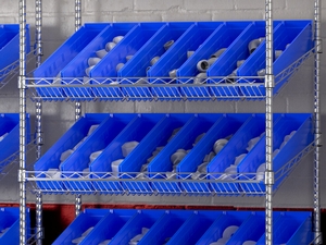 Regency 18" x 36" Stationary Slanted Chrome Shelf Unit with 40 Blue Bins