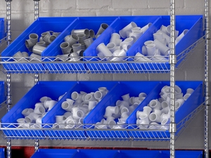 Regency 18" x 36" Mobile Slanted Chrome Shelf Unit with 20 Blue Bins