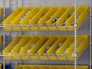 Regency 18" x 36" Mobile Slanted Chrome Shelf Unit with 40 Yellow Bins