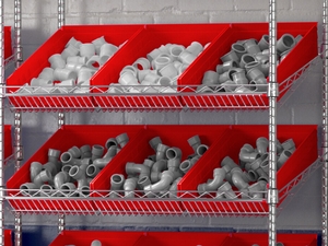 Regency 18" x 36" Mobile Slanted Chrome Shelf Unit with 15 Red Bins