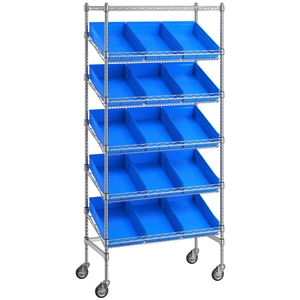 Regency 18" x 36" Mobile Slanted Chrome Shelf Unit with 15 Blue Bins