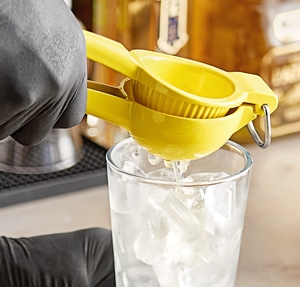 Choice 10" x 6" x 1/2" Yellow Bar Size Cutting Board and Lemon Prep Set