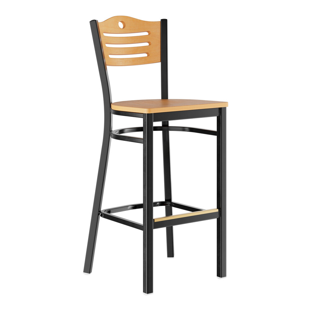 Lancaster Table & Seating Black Finish Side Bar Stool with Natural Wood ...
