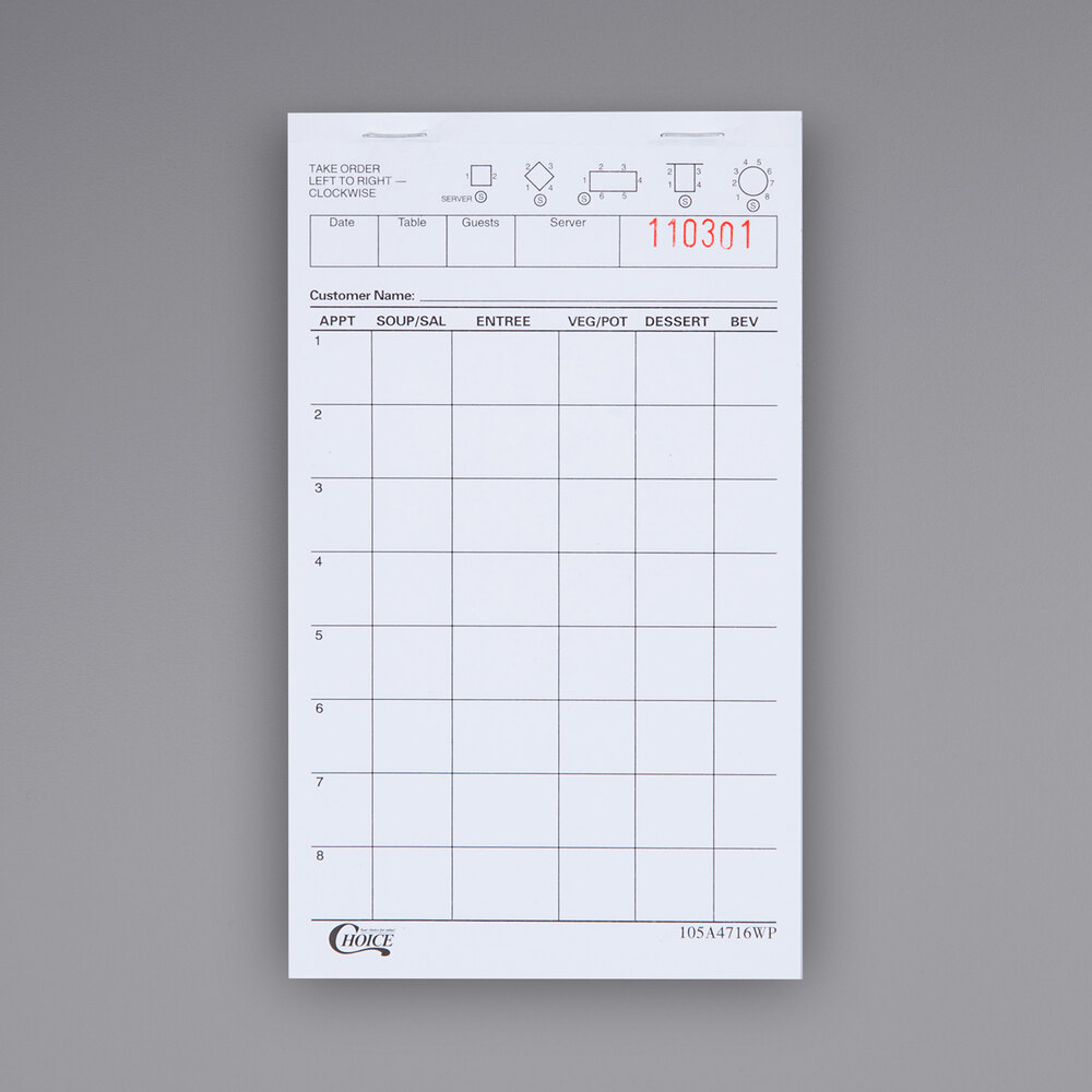 Waiter / Waitress / Server Order Pads (10/Pack, 50/Case)