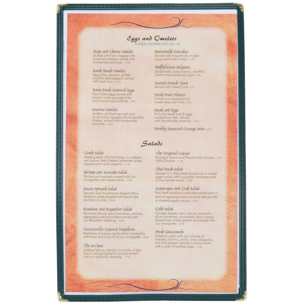 Menu Solutions SE300D-GREEN 8 1/2" x 14" Green Single Panel Menu Jacket ...
