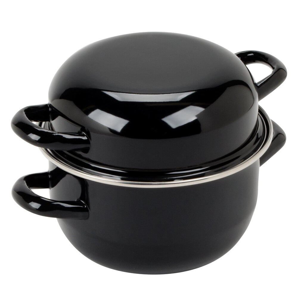Matfer Bourgeat 070974 1.5 Qt. Black Enameled Steel Mussel Pot with Lid
