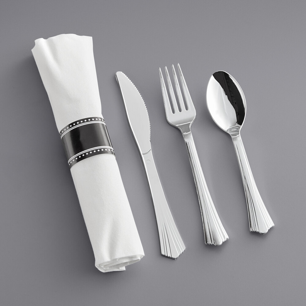 Visions Fluted 17" x 17" Pre-Rolled Linen-Feel White Napkin and Silver ...