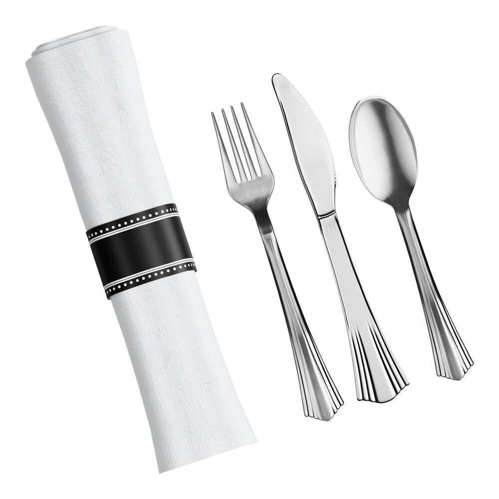 Visions Fluted 17" x 17" Pre-Rolled Linen-Feel White Napkin and Silver ...