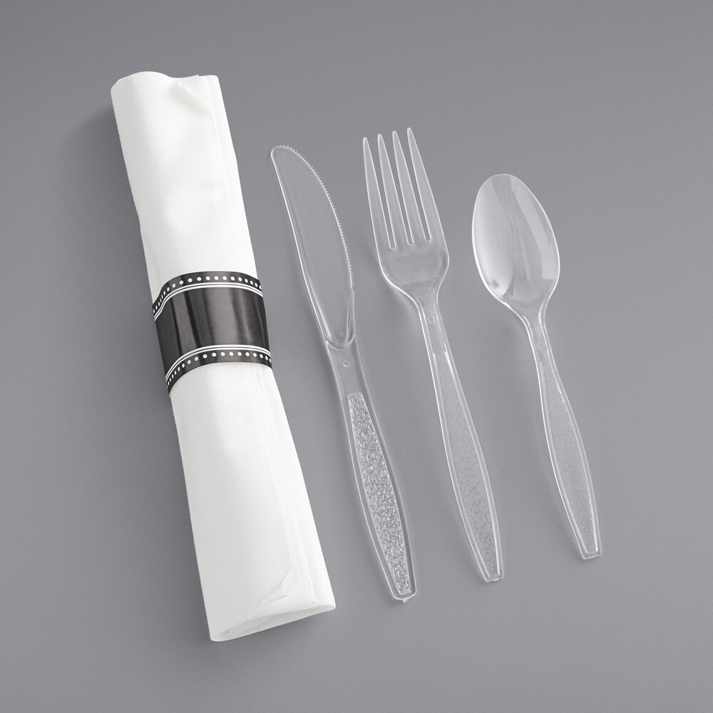 Visions 17" x 17" White Pre-Rolled Linen-Feel Napkin and Clear Heavy ...