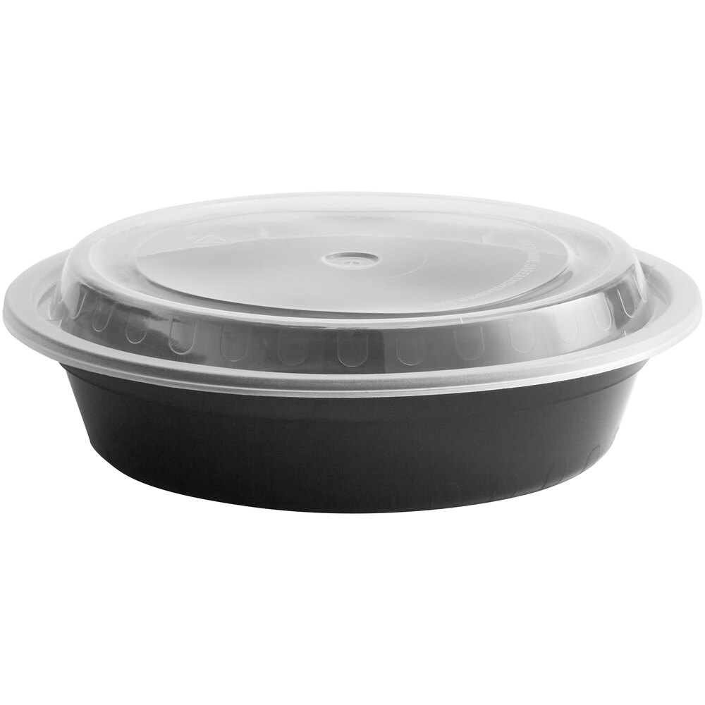 Choice 24 oz. Black Round Microwavable Heavy Weight Container with Lid ...