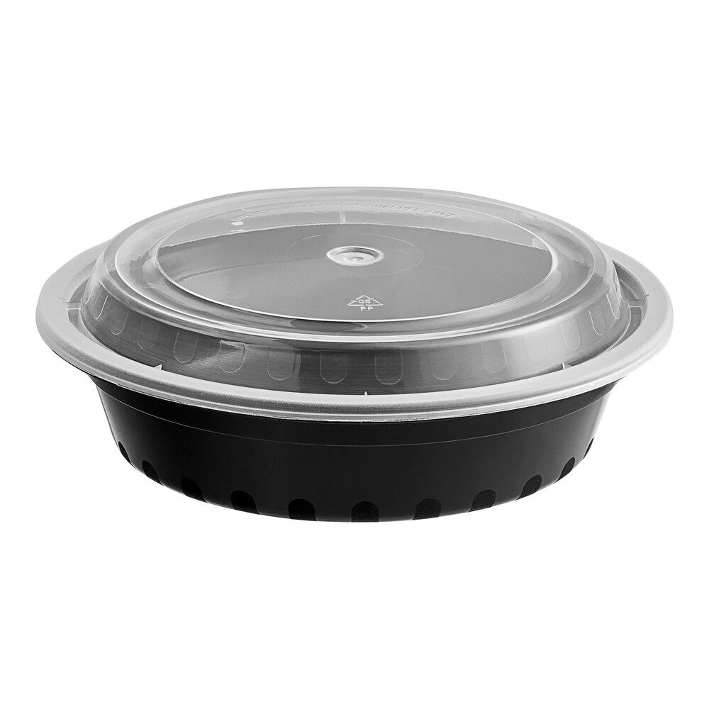 Choice 24 oz. Black Round Microwavable Heavy Weight Container with Lid ...