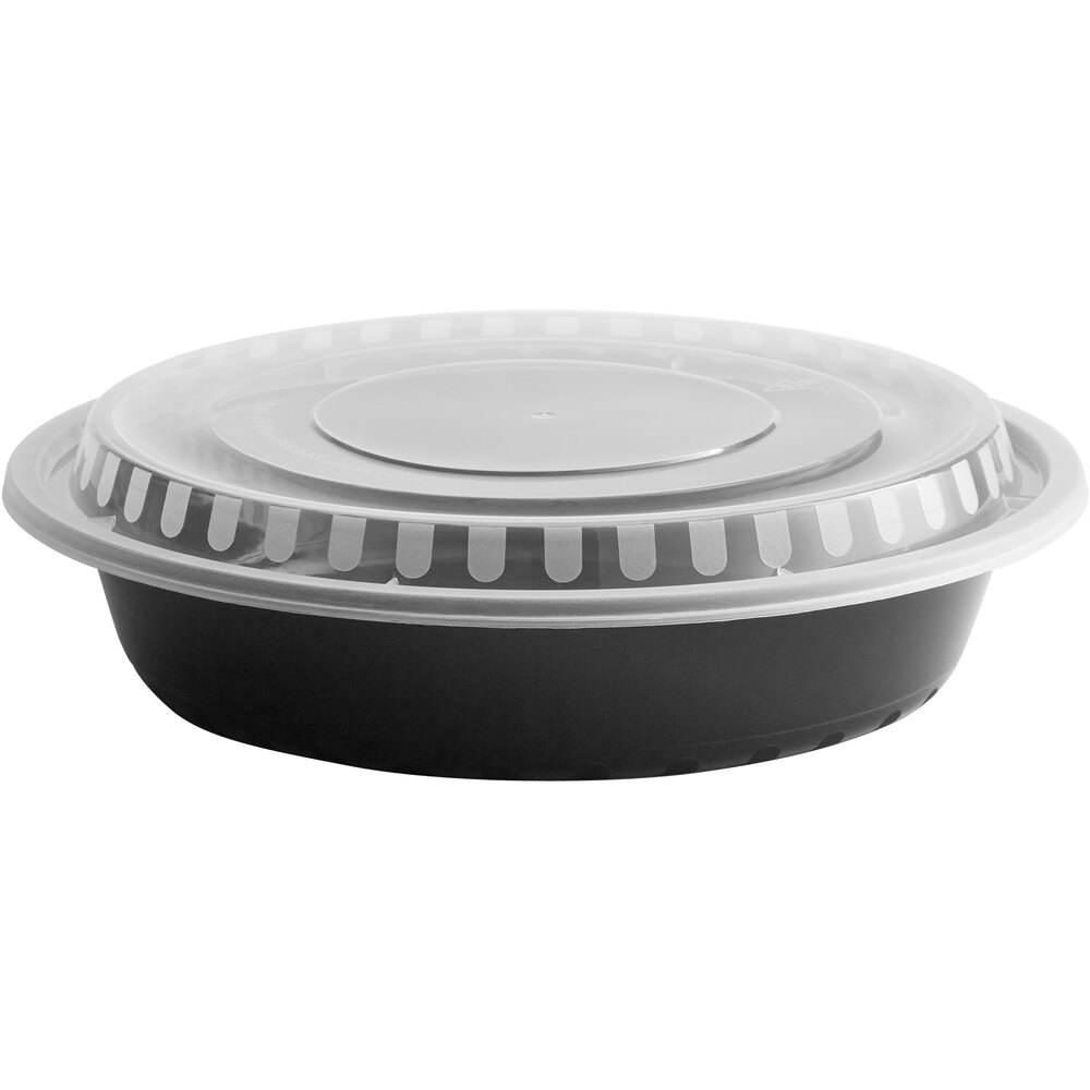 Choice 43 oz. Black Round Microwavable Heavy Weight Container with Lid ...