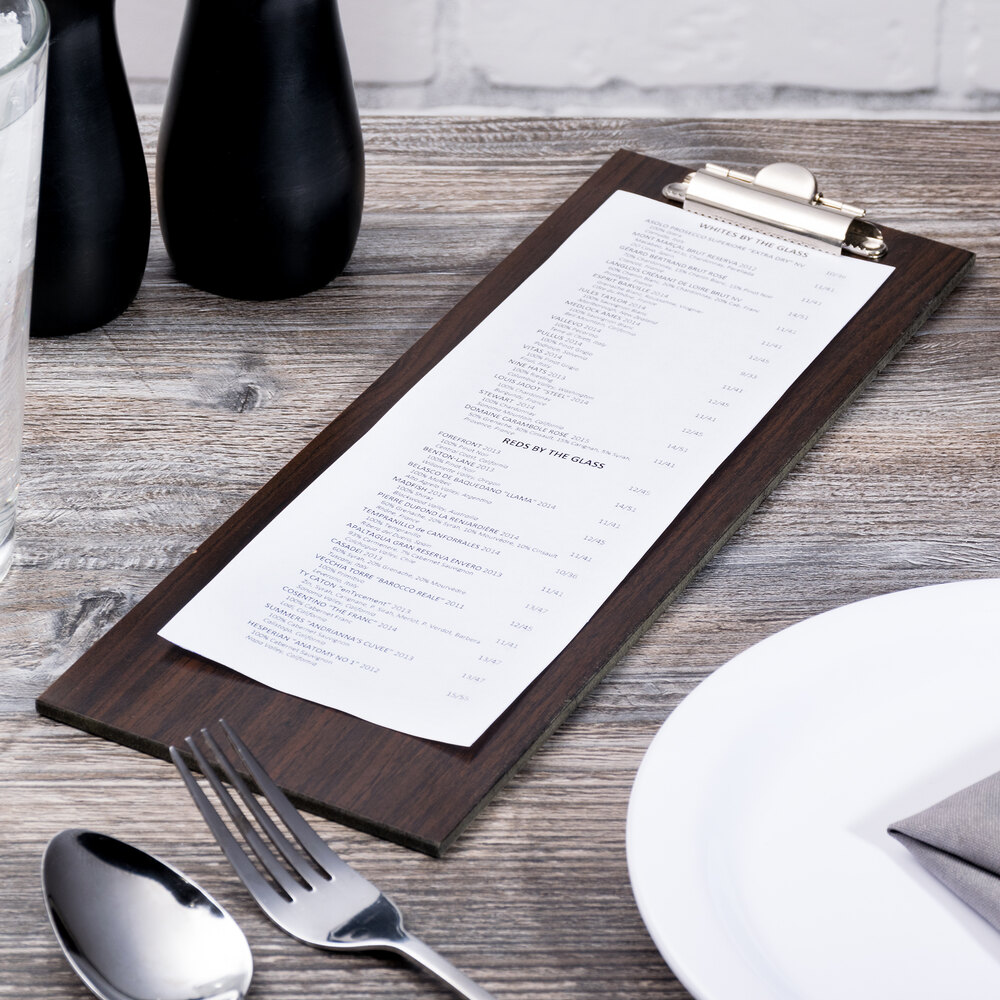 Choice 4 1/2" x 12 1/2" Dark Wood Color Menu Holder / Presenter with Clip
