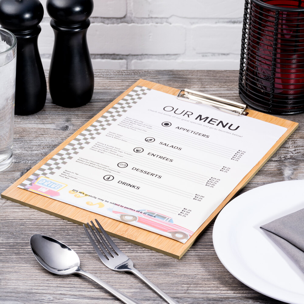 Choice 9" x 12 1/2" Natural Wood Menu Holder / Presenter with Clip