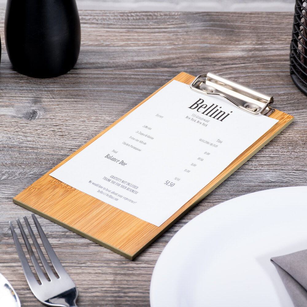 Choice 4" x 8" Natural Wood Color Menu Holder / Check Presenter with Clip