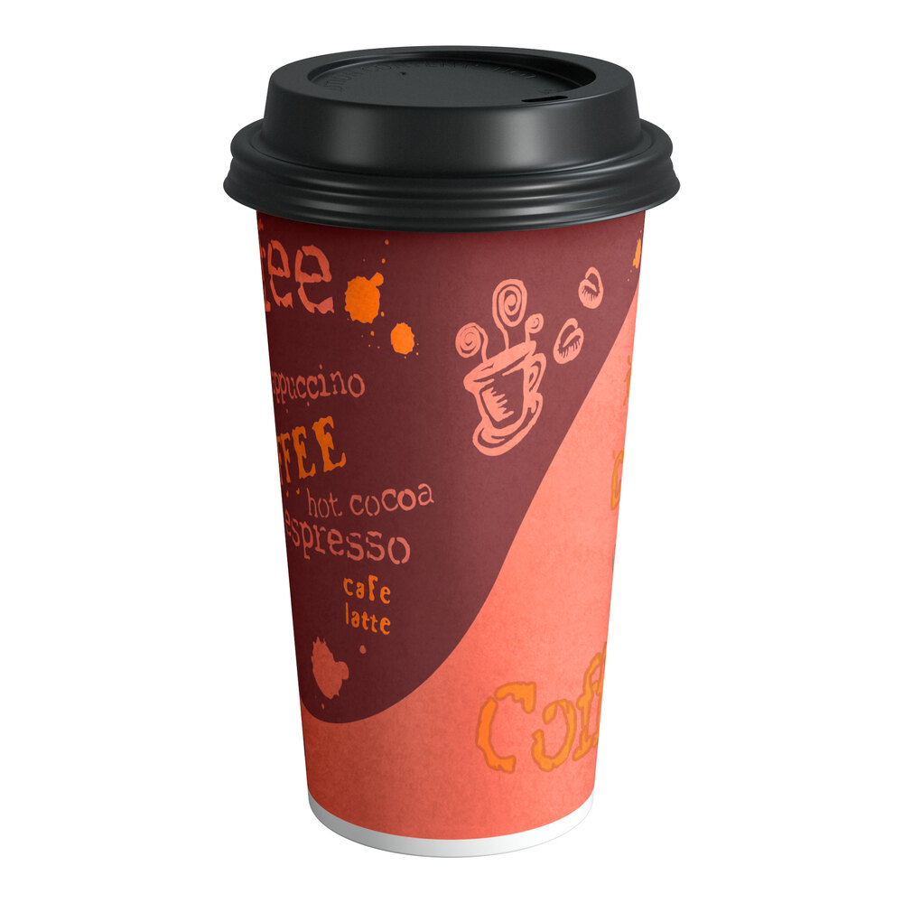 Choice 16 oz. Coffee Print Poly Paper Hot Cup and Lid - 100/Case