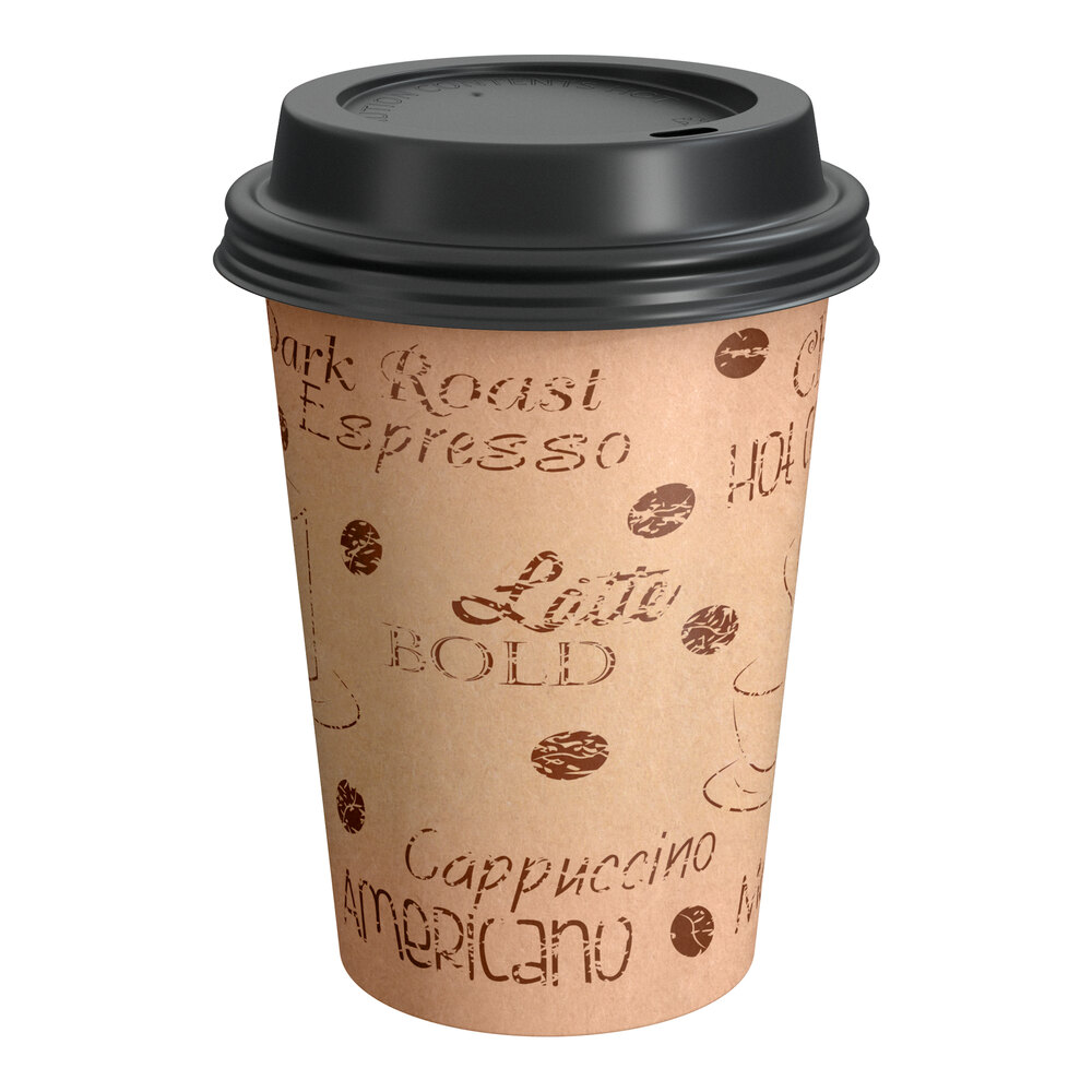 Choice 12 oz. Cafe Print Poly Paper Hot Cup and Lid - 100/Case