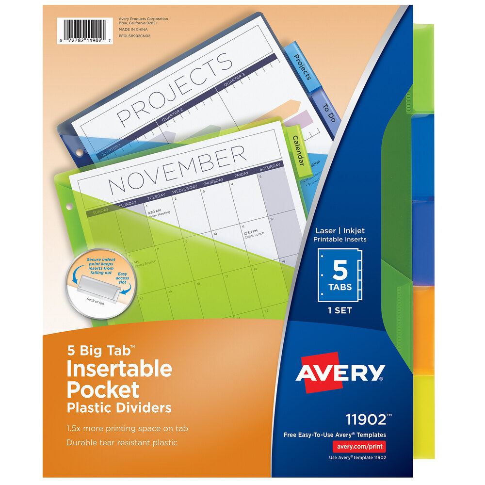 Avery® 11902 Big Tab 5-Tab Insertable Multi-Color Plastic Dividers with ...