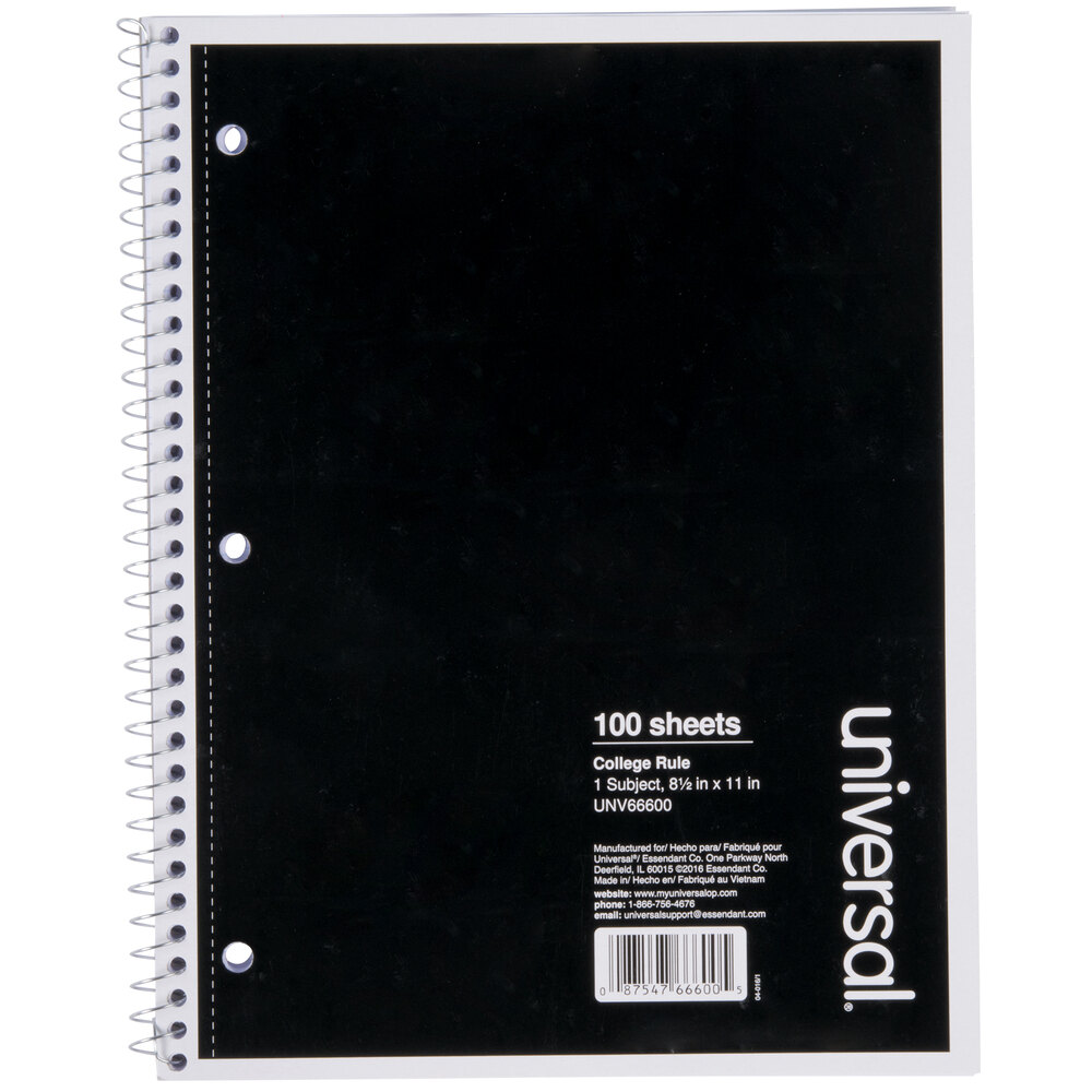Universal UNV66600 11" x 8 1/2" Black 1 Subject College Ruled Wirebound ...