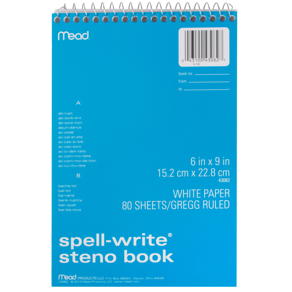 Mead 43082 6" x 9" White Gregg Rule Spell-Write Spiral Steno Book - 80 ...