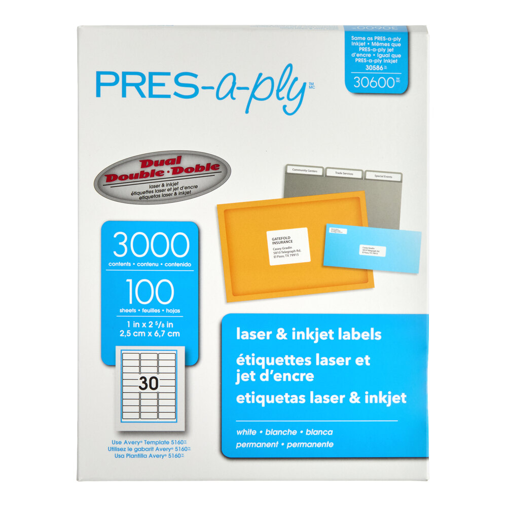 Avery® 30600 PRES-a-ply 1" x 2 5/8" White Rectangular Laser Address ...