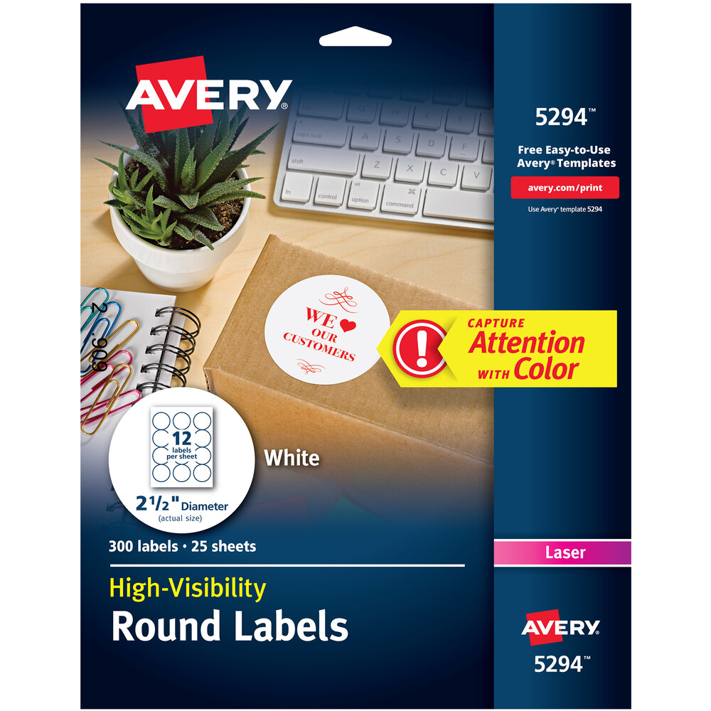 Avery 5294 2 1 2 High Visibility Round White Printable Labels 300 Pack