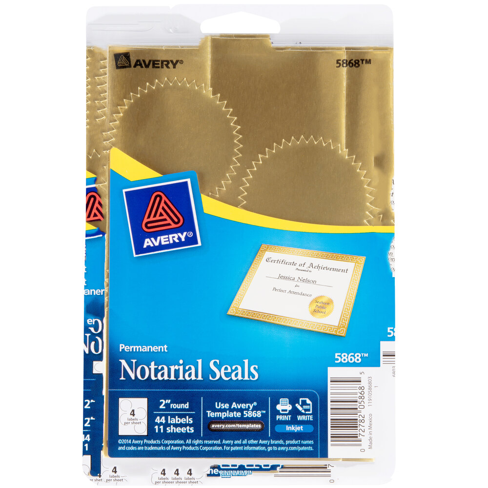 Avery® 05868 2" Metallic Gold Write-On / Printable Notarial Seals - 44/Pack