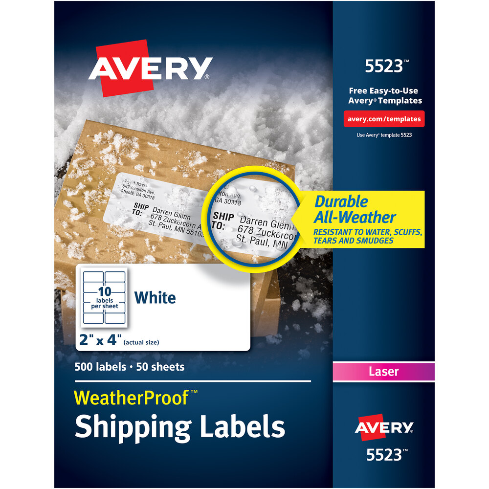 Avery 5523 TrueBlock 2" x 4" Weatherproof White Shipping Labels - 500/Box