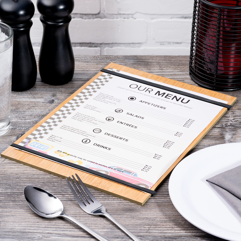 Choice 9" x 12 1/2" Natural Wood Color Menu Holder / Presenter with Straps