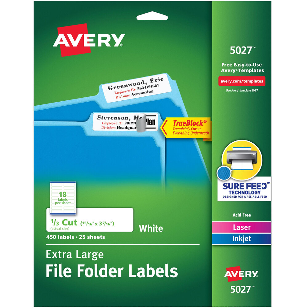 Avery® 5027 15/16" x 3 7/16" White X-Large Top Tab 1/3 Cut File Folder ...