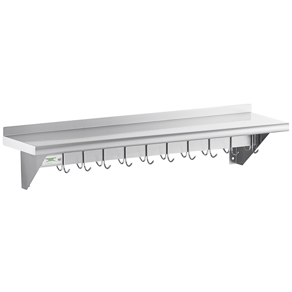 Regency 12" x 48" Stainless Steel Wall Mounted Pot Rack with Shelf and ...
