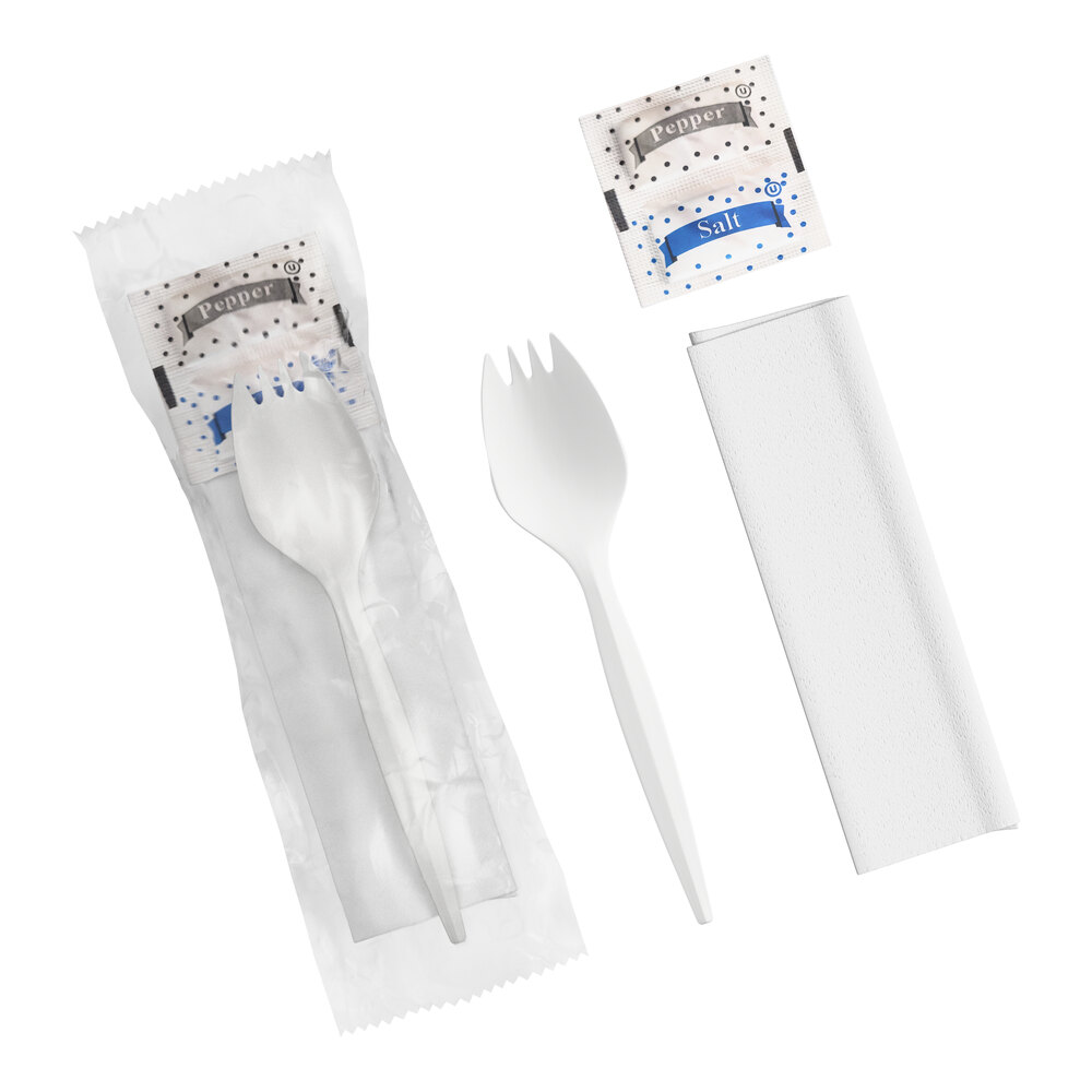 Choice Medium Weight White Wrapped Polypropylene Plastic Spork, Napkin ...