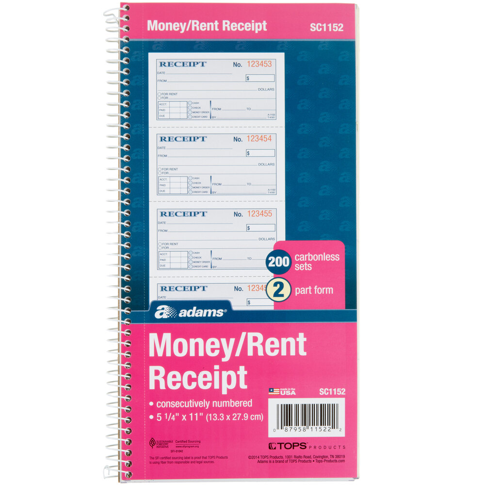 Adams SC1152 2-Part Blue and White Carbonless Rent Receipt Book with ...
