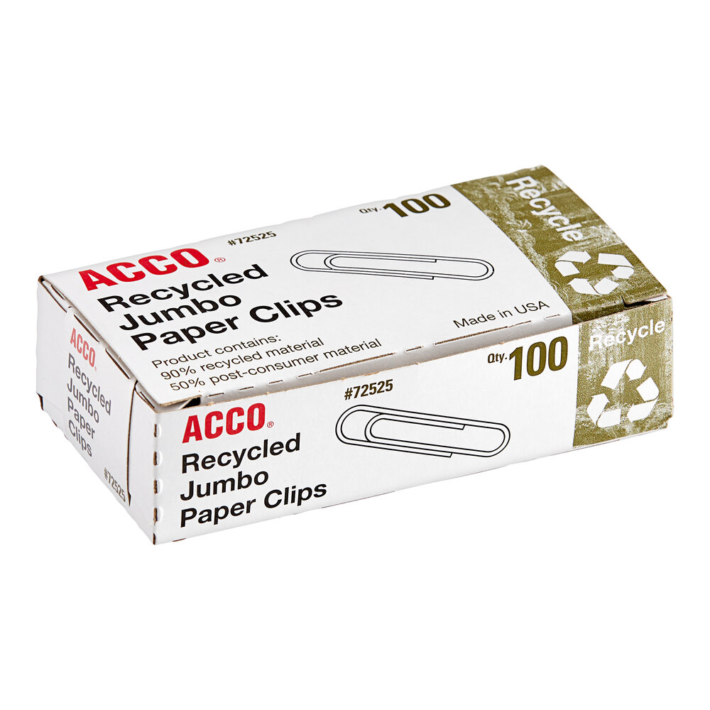 Acco 72525 Silver Smooth Jumbo Recycled Paper Clips - 100/Box