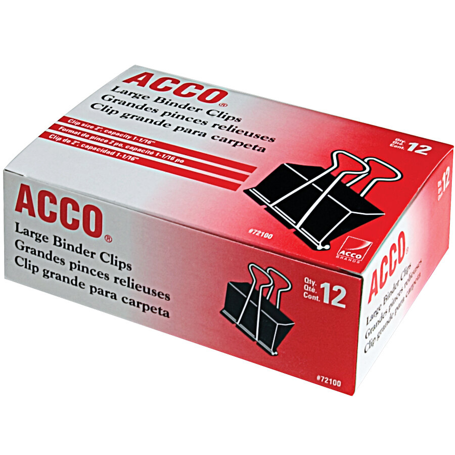 Acco 72100 1 1/16" Capacity Black Large Binder Clip - 12/Pack