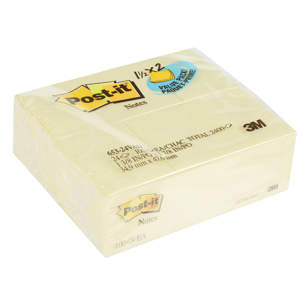 3M 653-24VAD Post-It® 1 1/2" x 2" Canary Yellow 100 Sheet Sticky Note ...