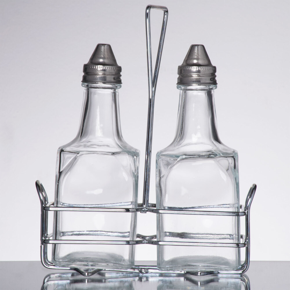 Choice 6 oz. 3 Piece Oil & Vinegar Cruet Set with Rack