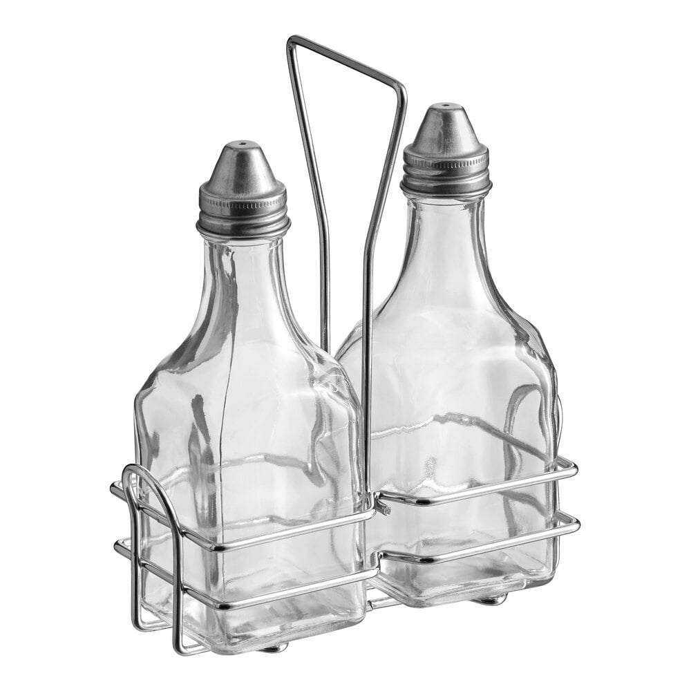 Choice 6 oz. 3 Piece Oil & Vinegar Cruet Set with Rack