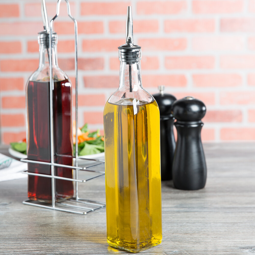 Choice 16 oz. 3 Piece Oil & Vinegar Cruet Set with Rack