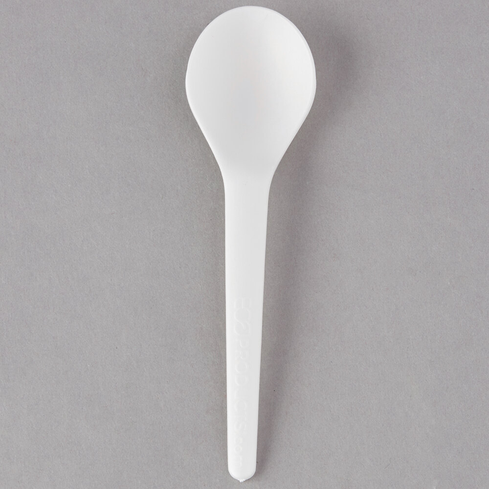 Eco-Products EP-S014 Plantware 6" White Compostable Plastic Soup Spoon ...