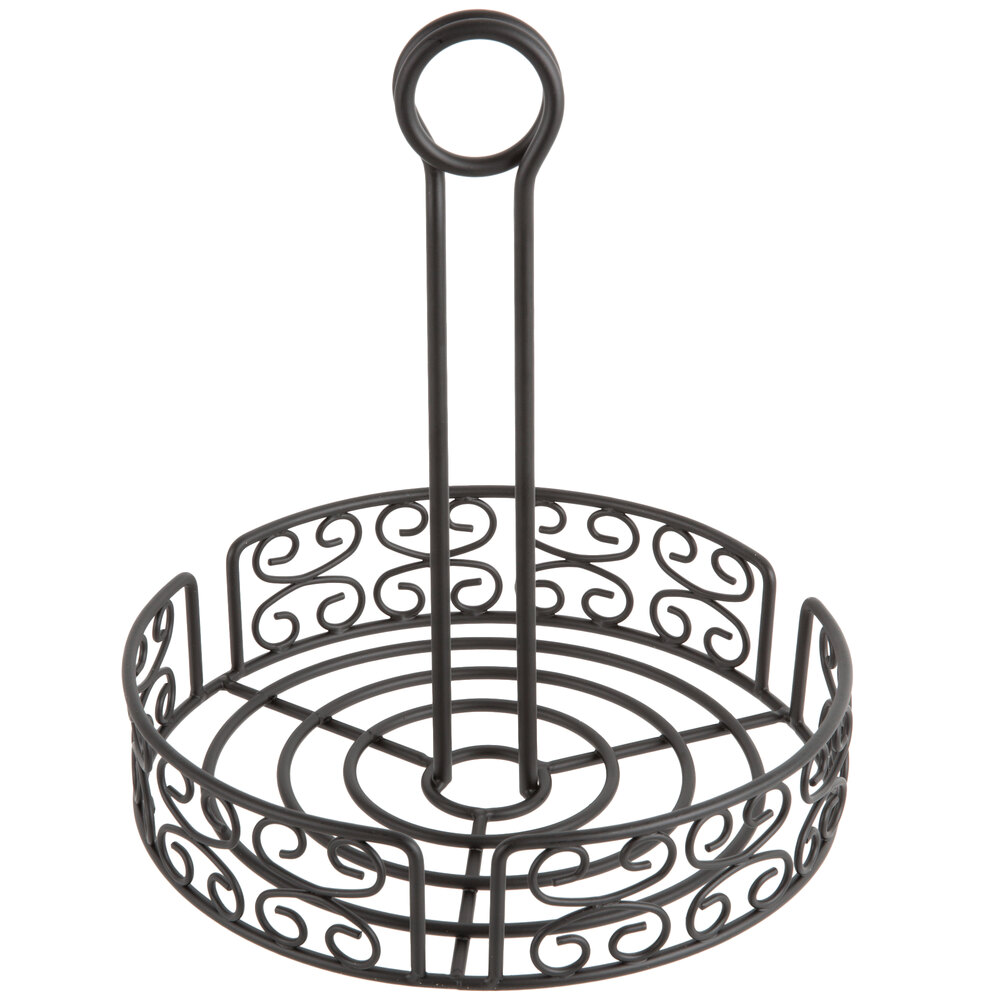 Choice Black Round Mediterranean Wrought Iron Condiment Caddy with Card ...