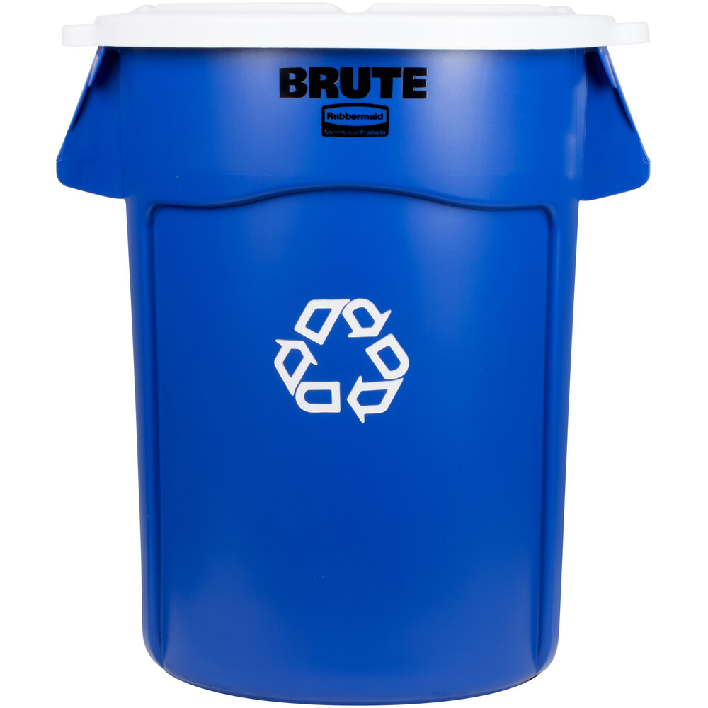Rubbermaid® BRUTE 44 Gallon Blue Round Recycling Can and White Lid