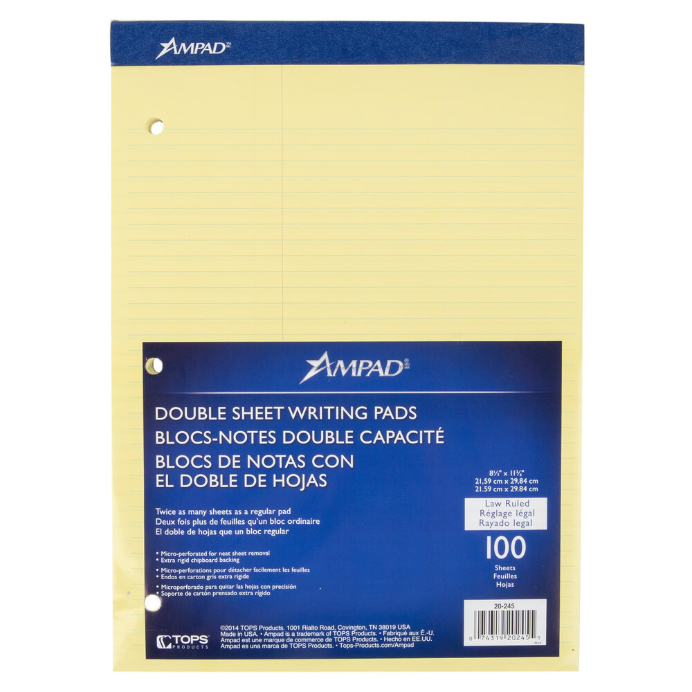 Ampad 20-245 8 1/2" x 11 3/4" Law Ruled Canary 3-Hole Punched Writing ...