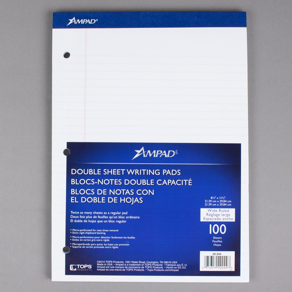 Ampad 20-244 8 1/2" x 11 3/4" Wide Ruled White 3-Hole Punched Writing ...