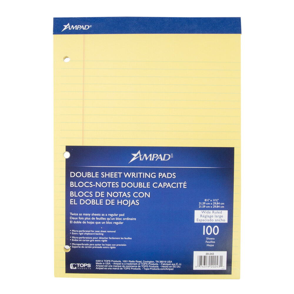 Ampad 20-243 8 1/2" x 11 3/4" Wide Ruled Canary 3-Hole Punched Writing ...