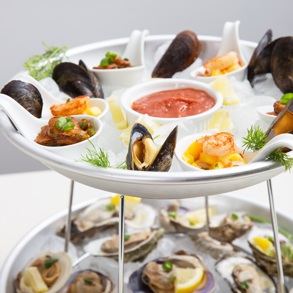 Choice 2-Tier Seafood Tower Set with Small Aluminum Trays and Stand