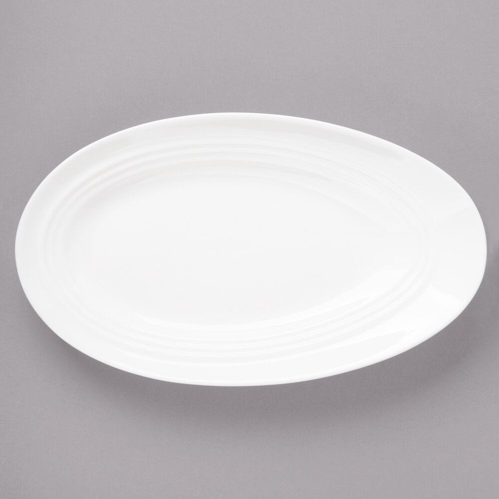 Bon Chef 1100008P Slanted Oval 11" x 6 1/2" White Porcelain Plate - 24/Case